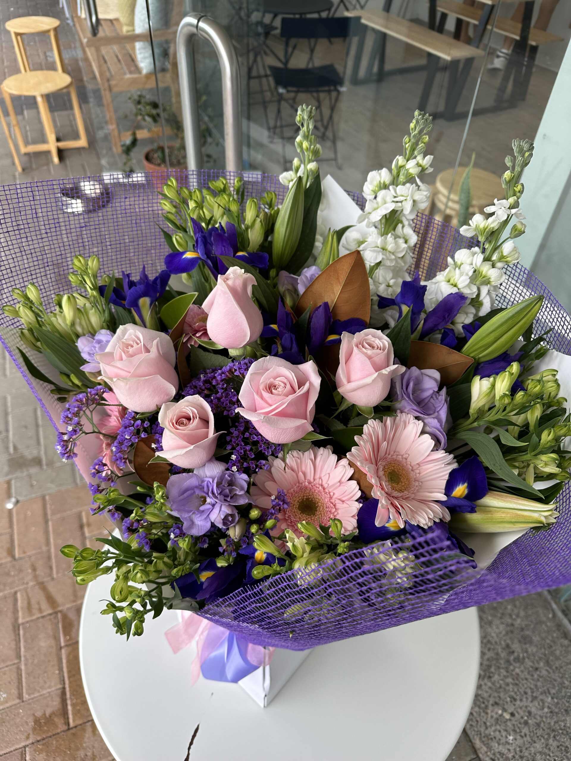 EB15 PURPLE AND PINK FLOWER WATER BOX - Flavells Floral Boutique